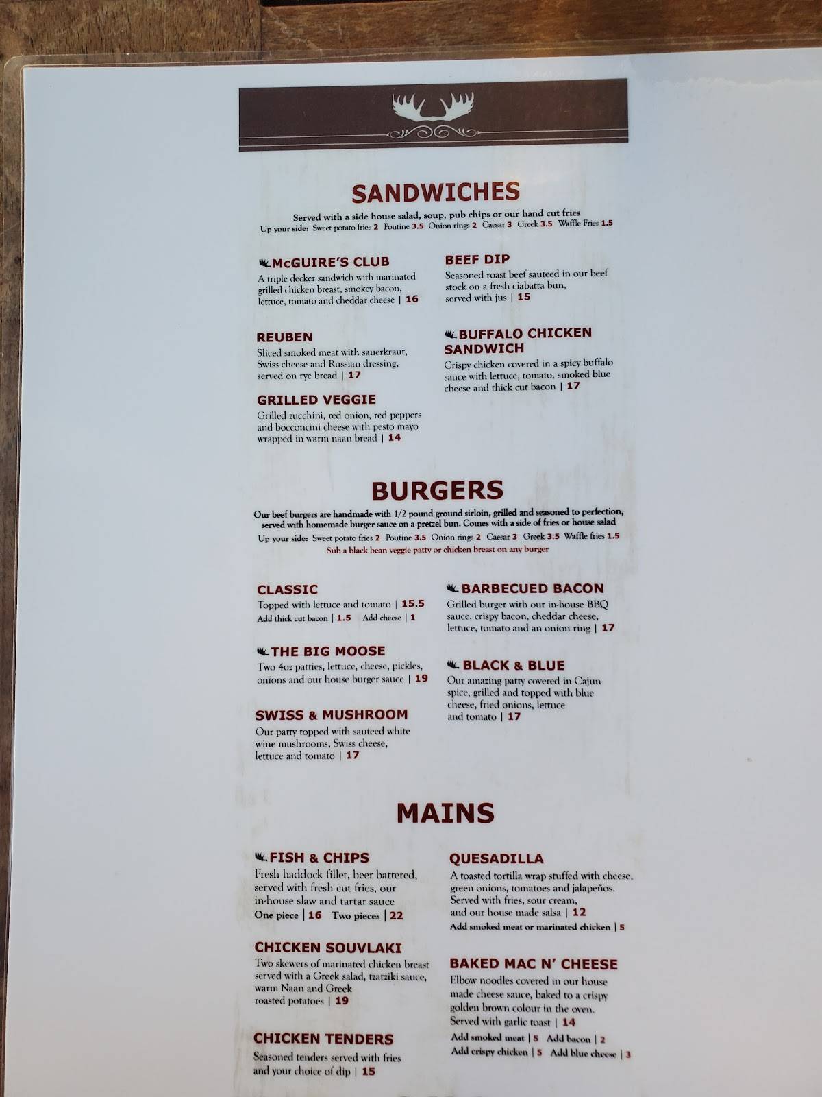 Menu at Moose McGuire's Brockville pub & bar, Brockville
