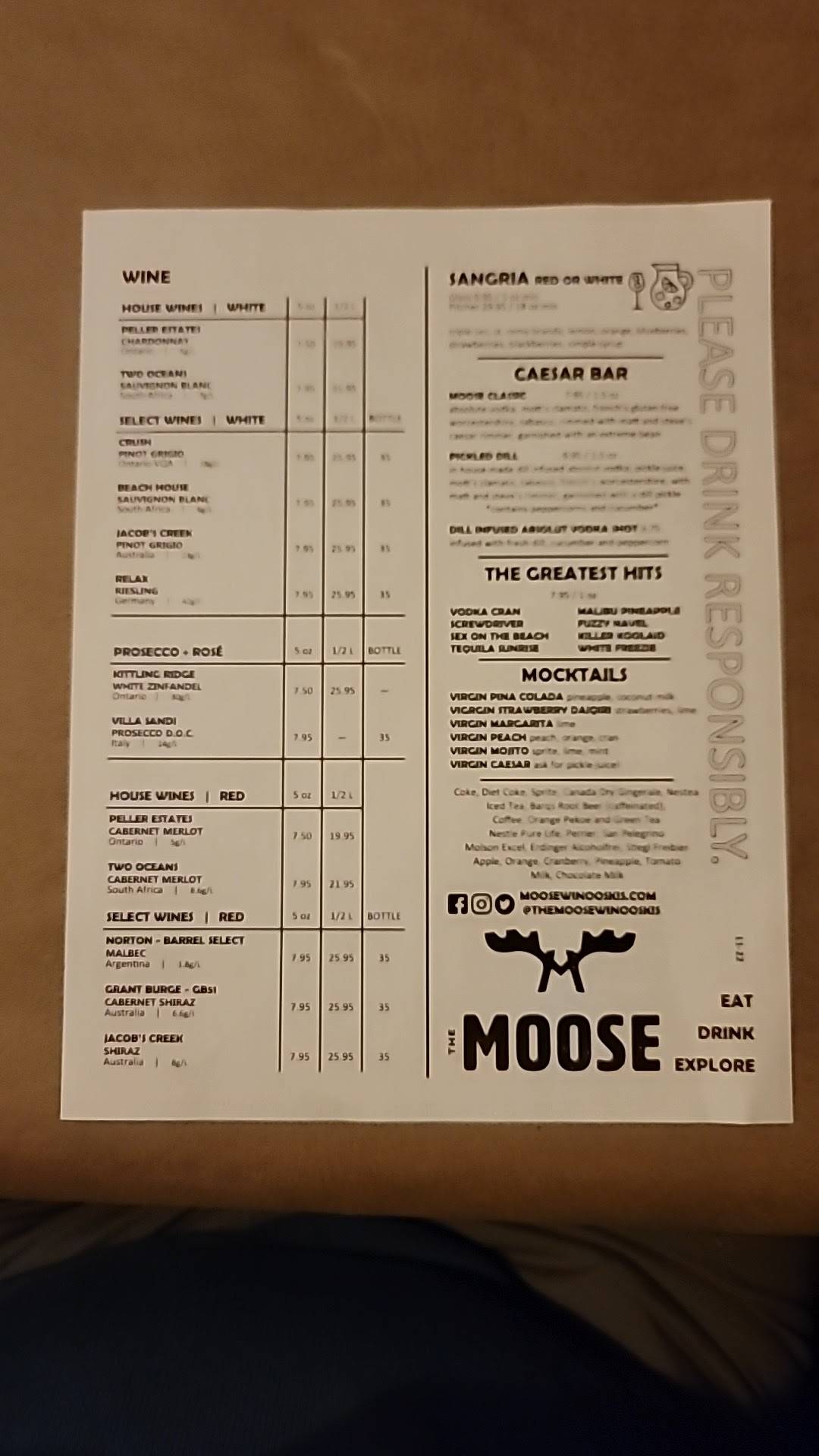 Menu at Moose Winooski's pub & bar, Kitchener