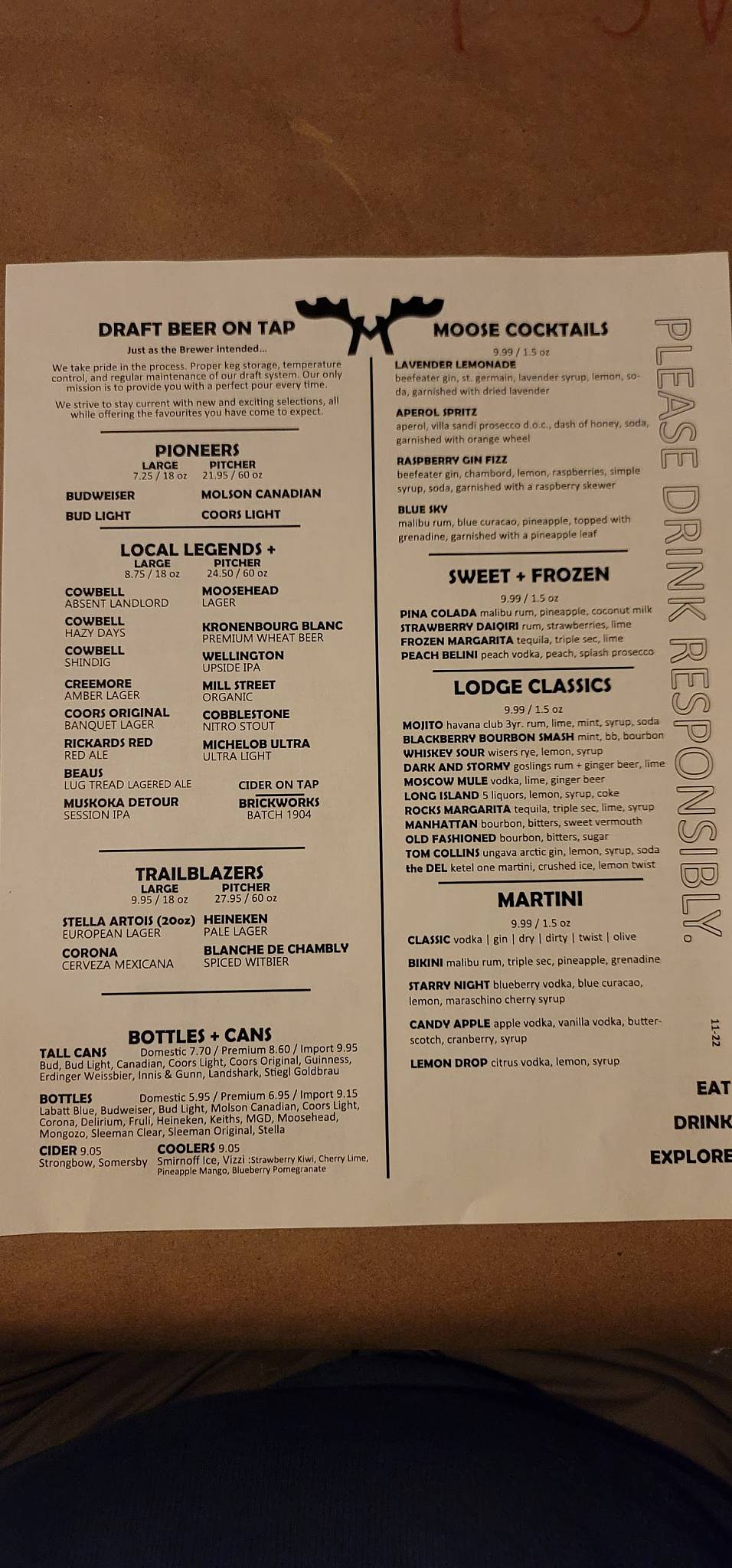 Menu at Moose Winooski's pub & bar, Kitchener
