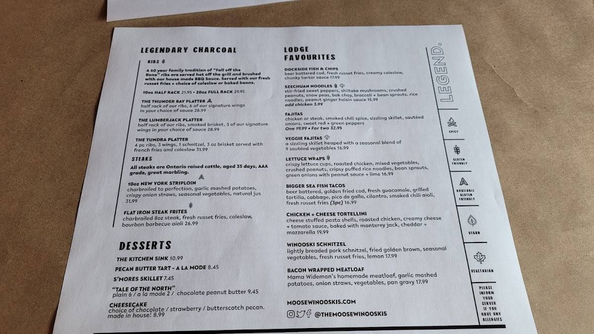 Menu at Moose Winooski's pub & bar, Kitchener