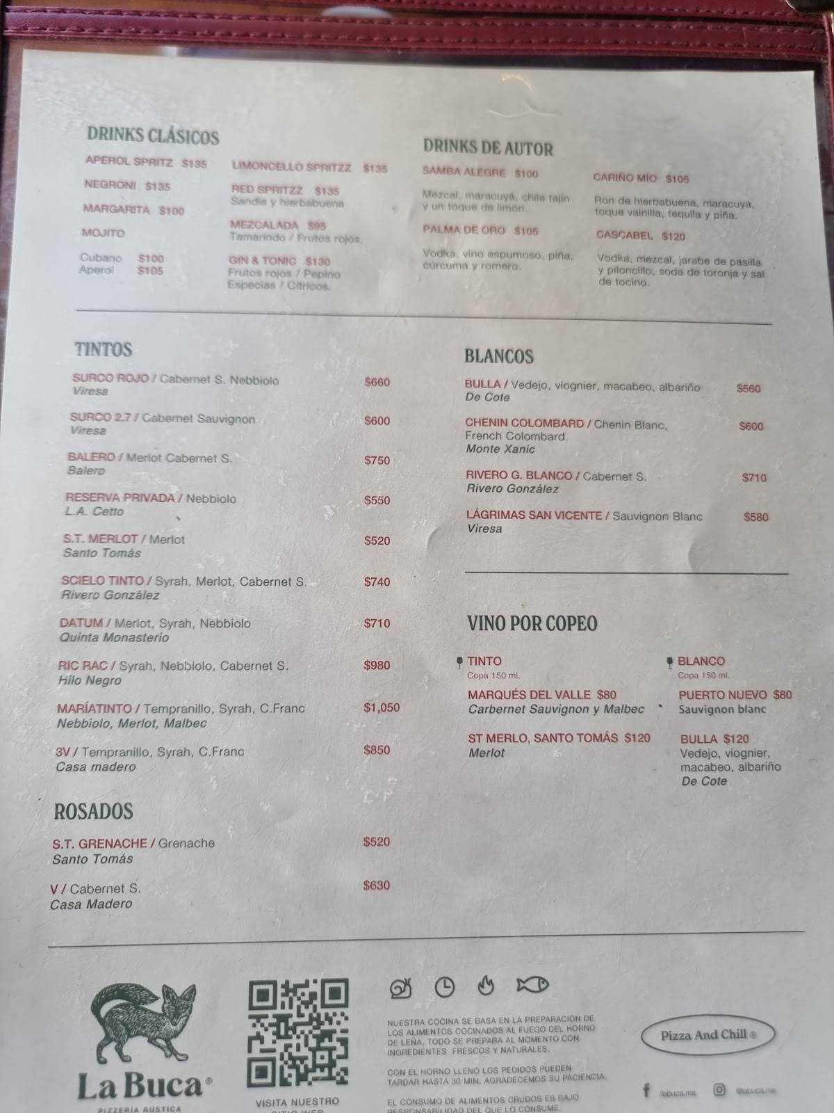 Carta del restaurante La Buca, Morelia