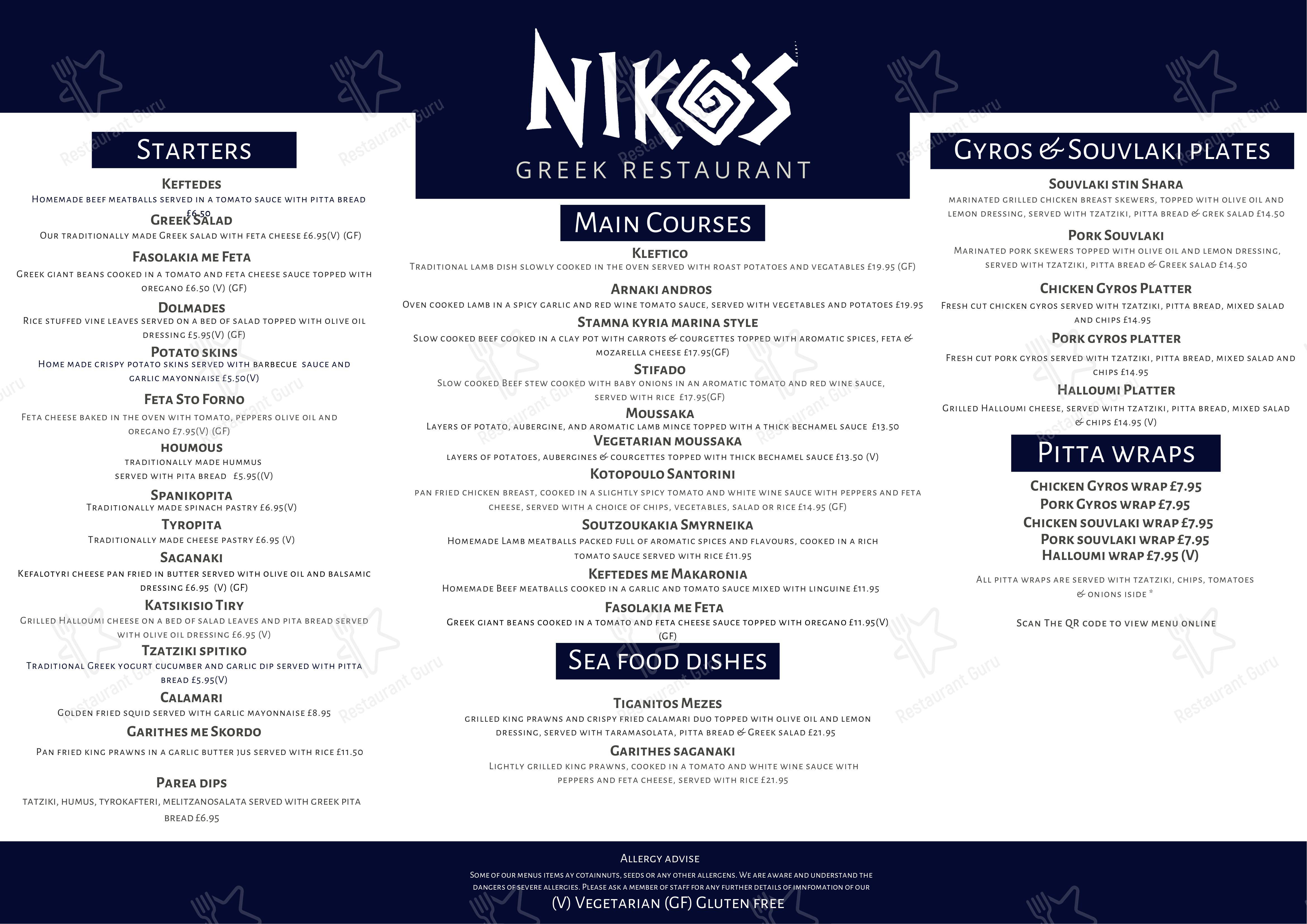 Menu at Niko’s Greek Taberna restaurant, Morpeth