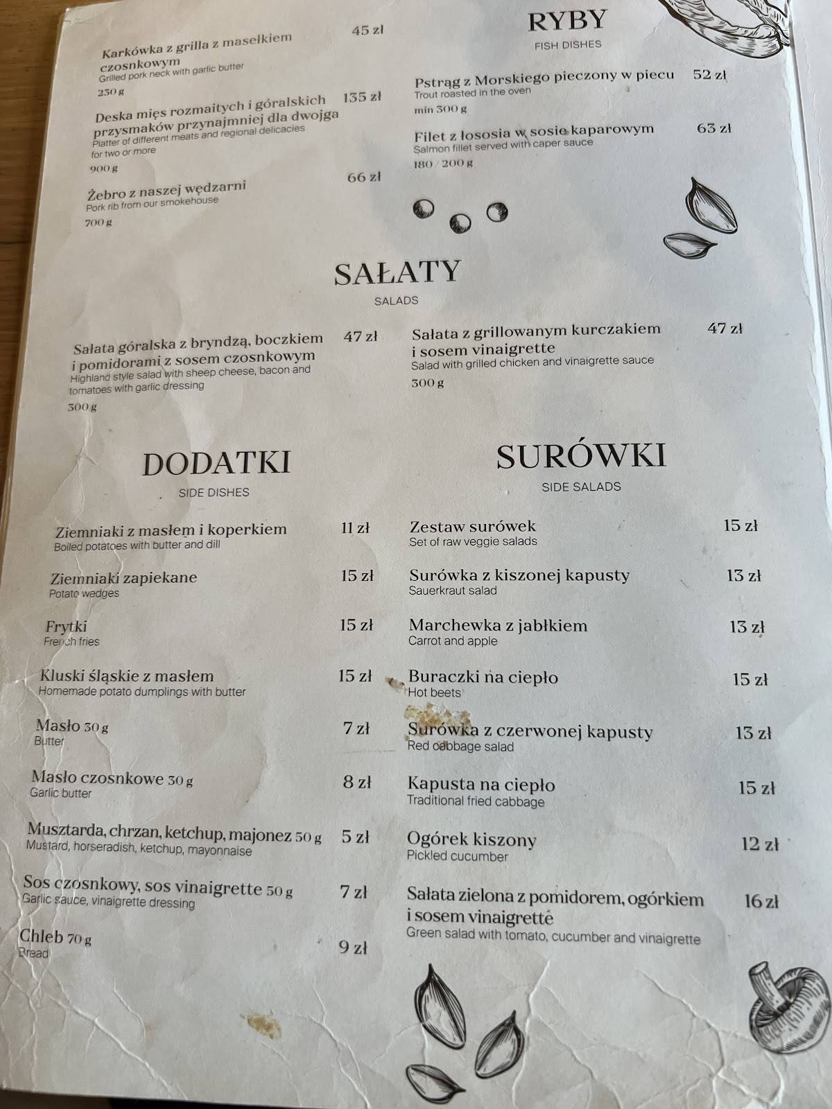 Menu at Morskie Oko restaurant, Kraków