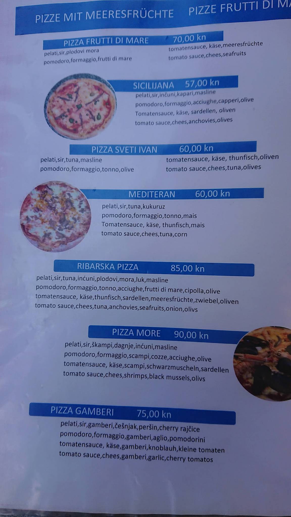 Menu at Bistro Pizzeria Rubin, Mošćenička Draga