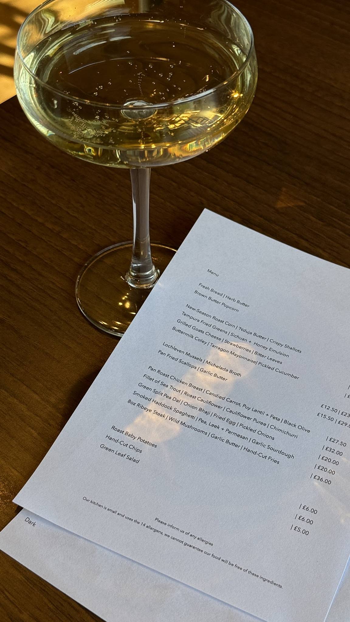Carta del restaurante Moss, Glencoe