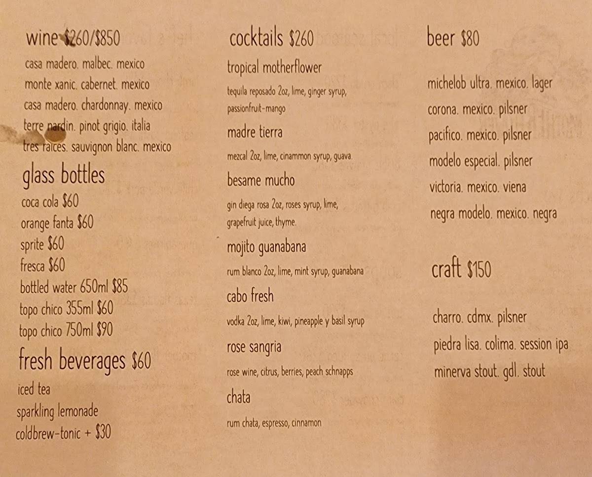 Menu at Mother Flower restaurant, Cabo San Lucas