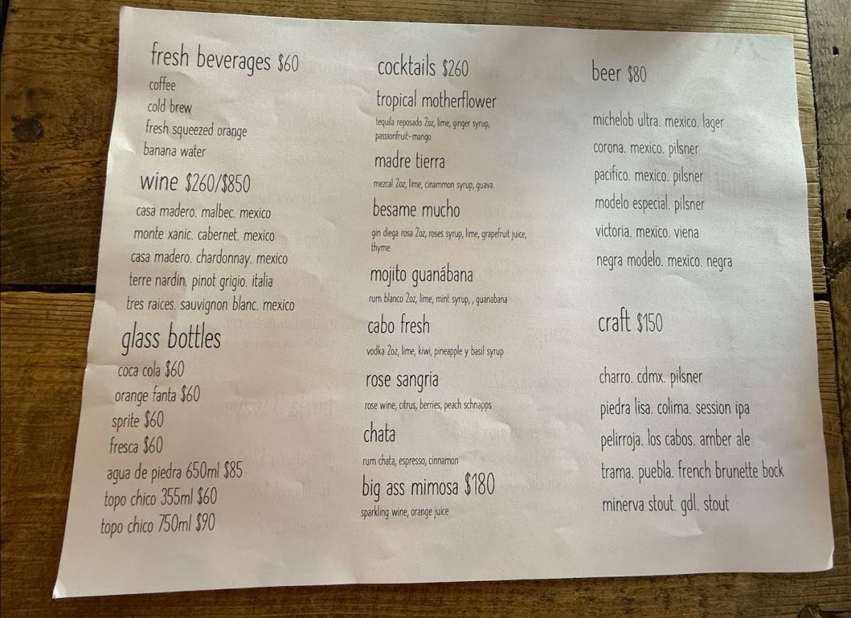 Menu at Mother Flower restaurant, Cabo San Lucas