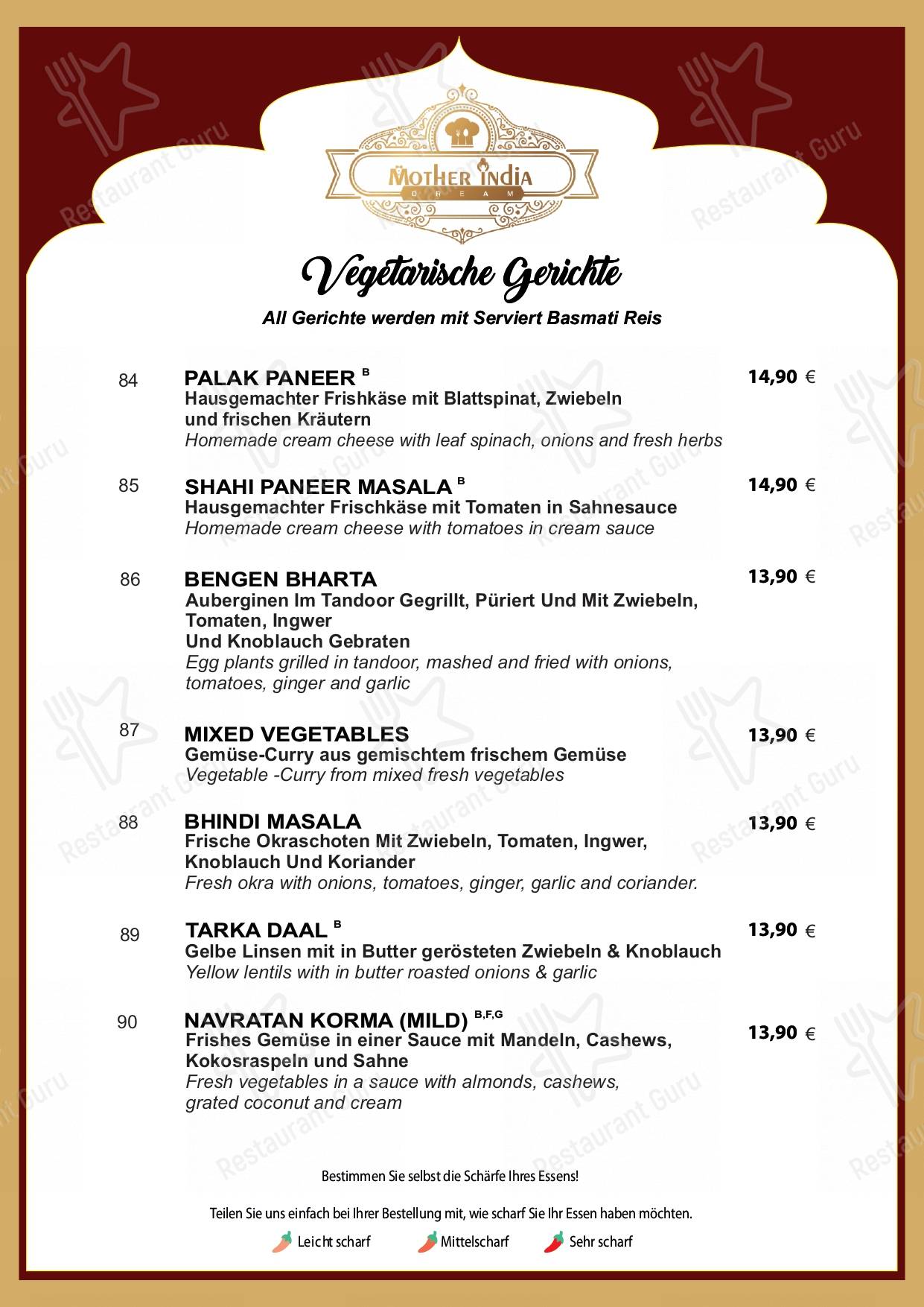 Speisekarte von Mother India Dream restaurant, Schaafheim
