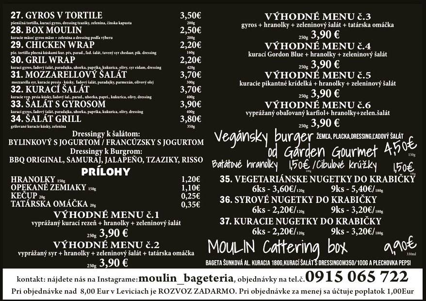 Menu at Moulin Bagetéria restaurant, Levice