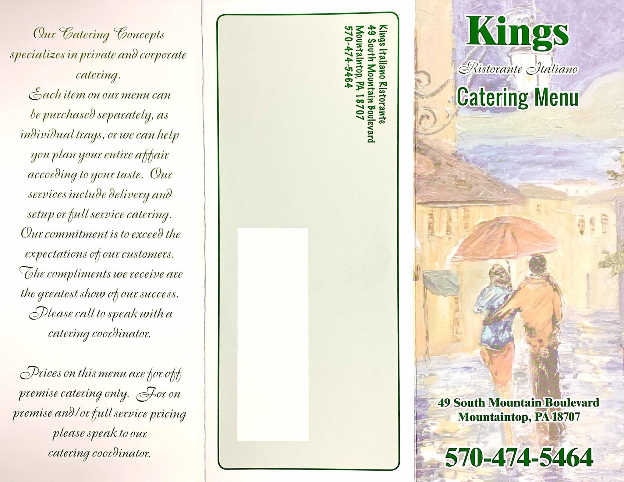 Menu at King's pizzeria, Mountain Top