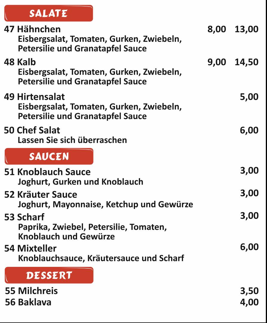 Menu au Mr. Falafilo restaurant, Dortmund