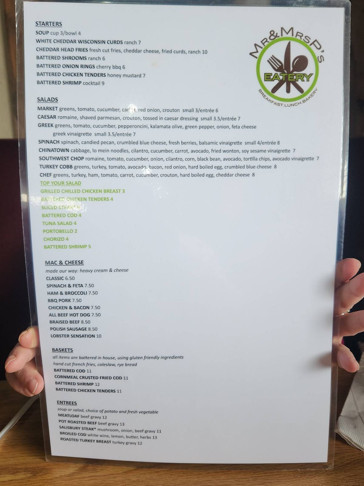 Menu at Mr. and Mrs. P's Eatery restaurant, Ripon