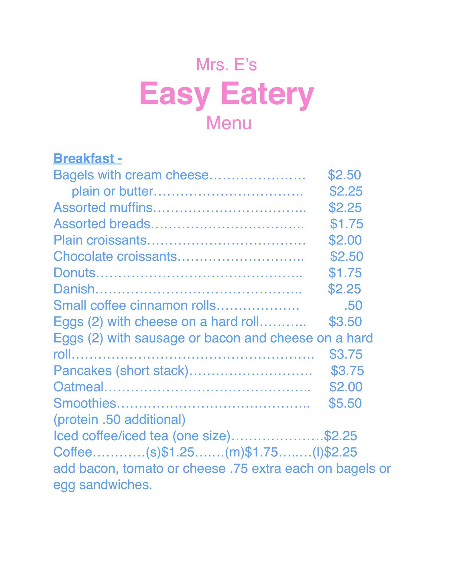 Menu at Mrs. E's Easy Eatery restaurant, Wilton