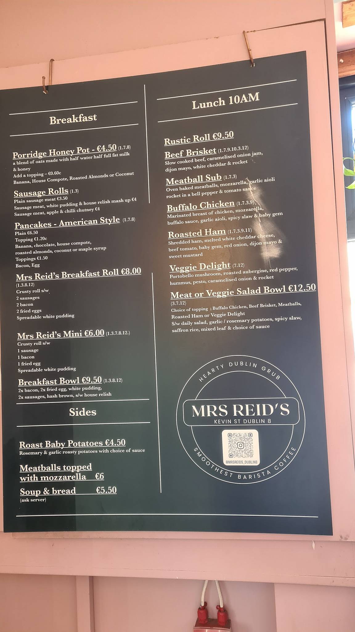 Menu at Mrs Reid's cafe, Dublin