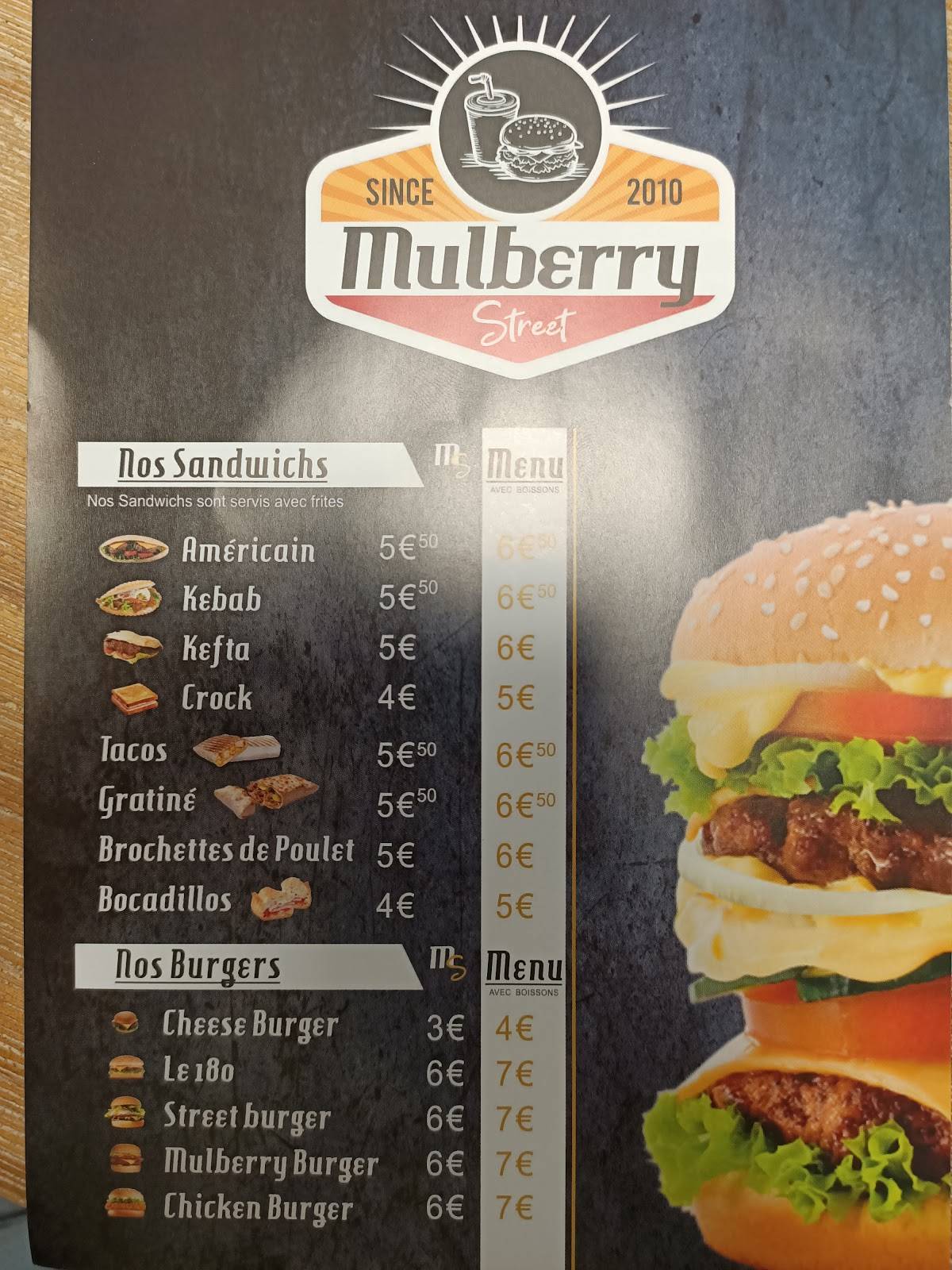 Menu au Mulberry street restaurant, Pau