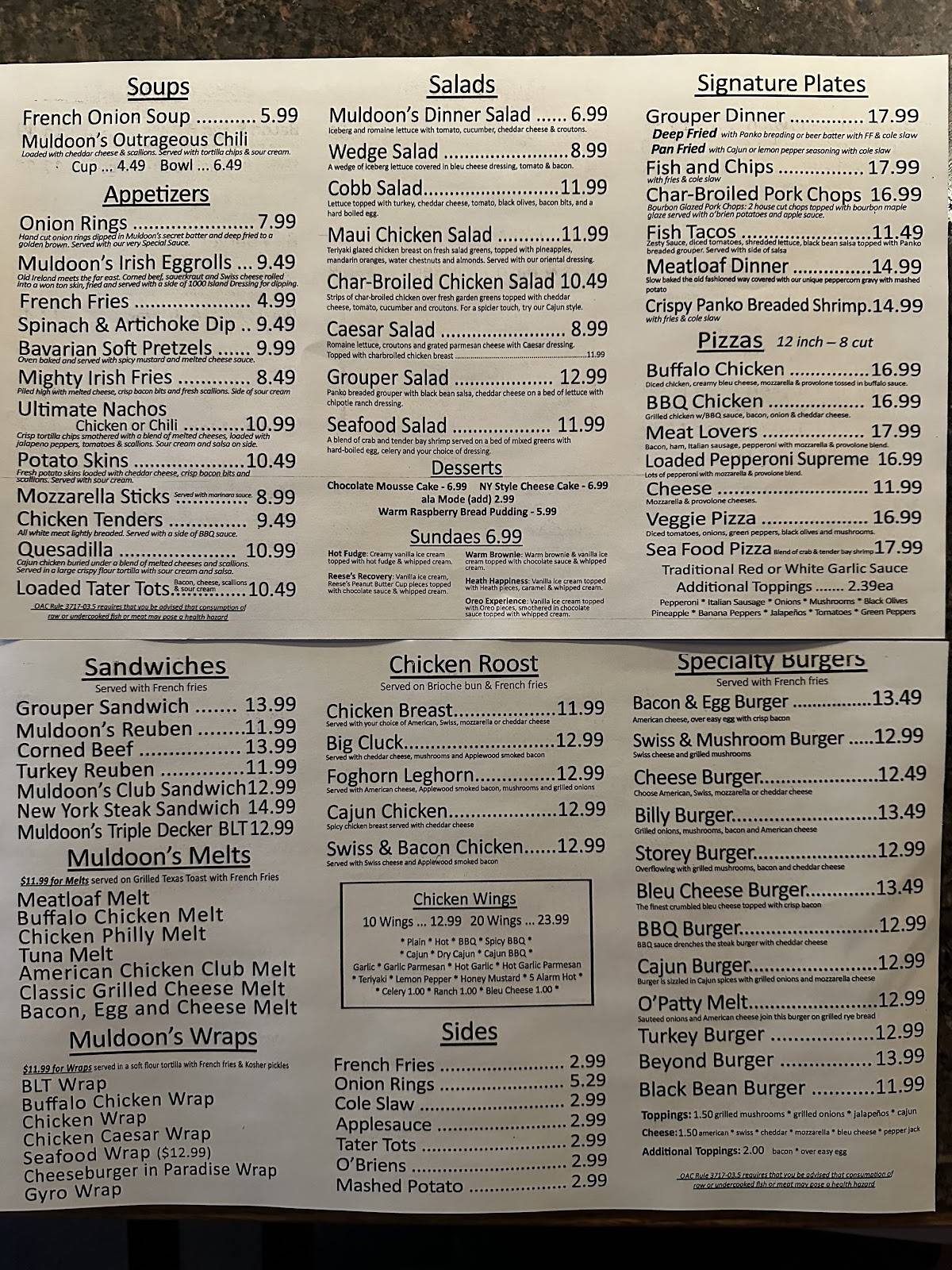 Menu at Muldoon's Saloon & Eatery pub & bar, Cleveland