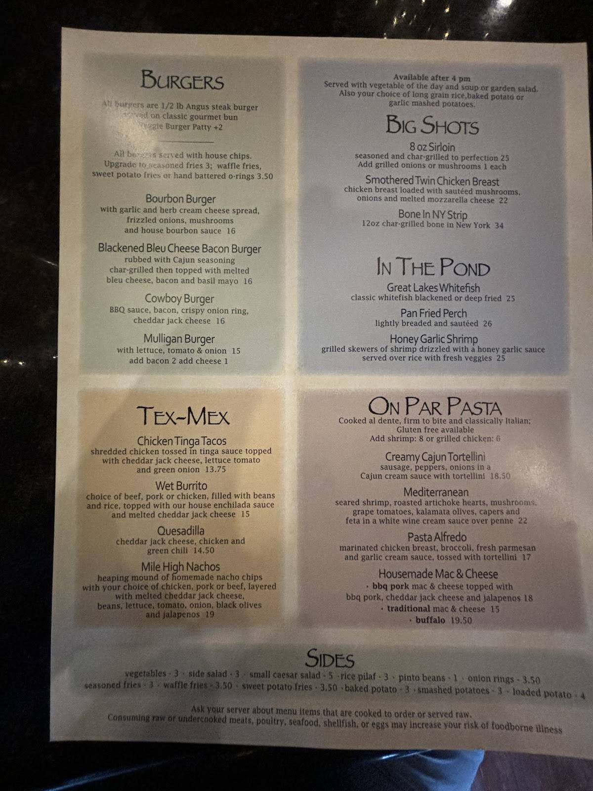 Menu at Mulligan's Restaurant, Cheboygan