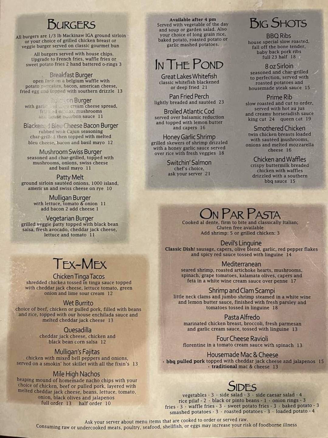Menu at Mulligan's Restaurant, Cheboygan