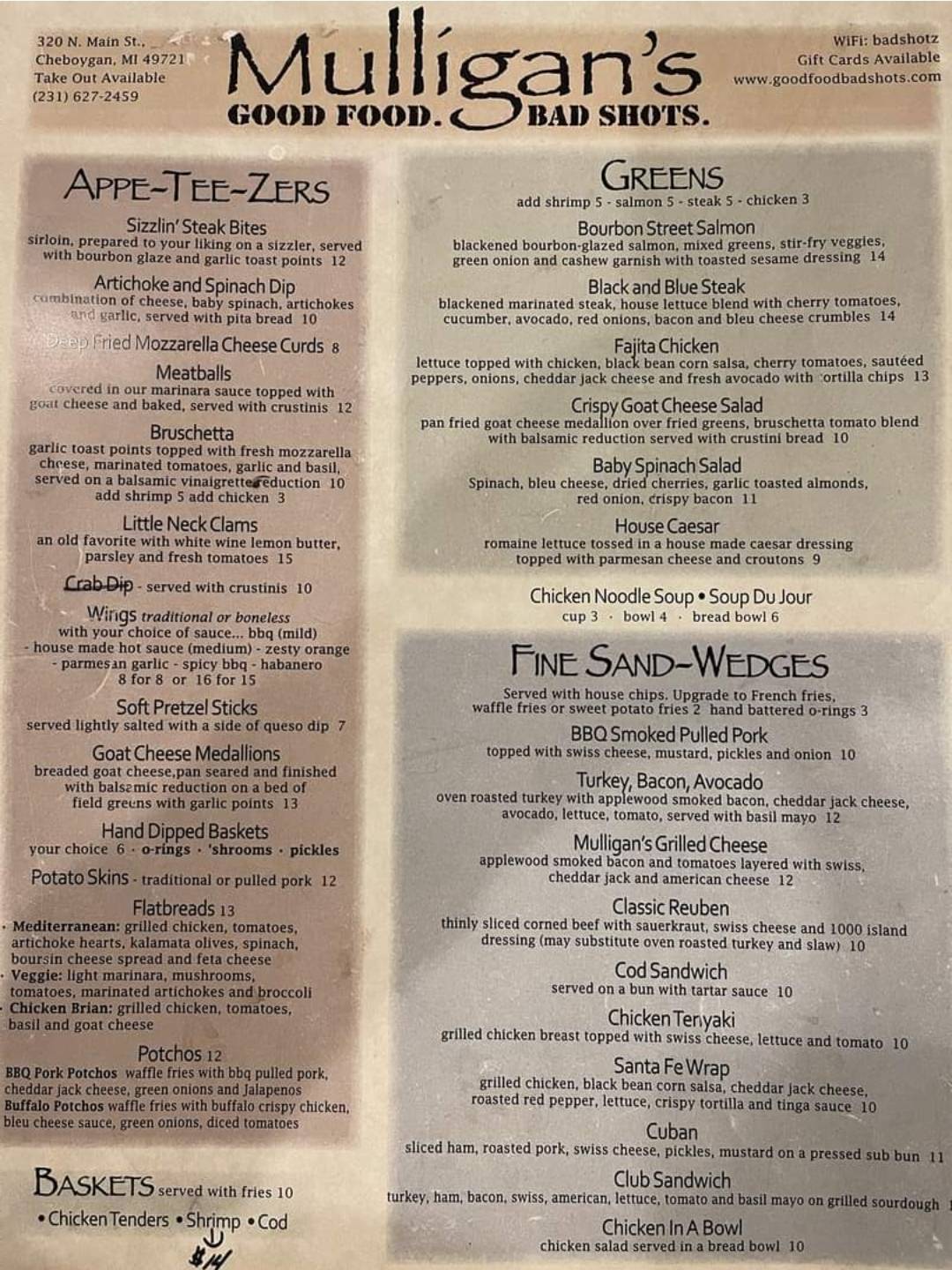 Menu at Mulligan's Restaurant, Cheboygan