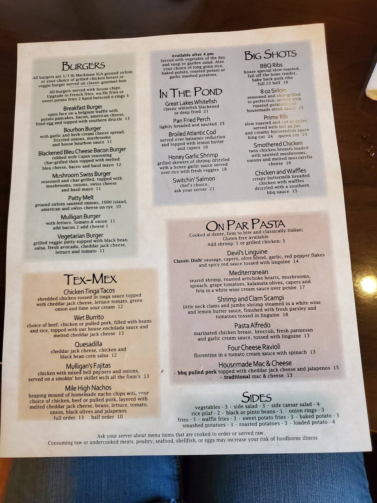 Menu at Mulligan's Restaurant, Cheboygan