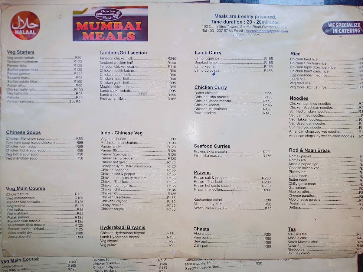 Menu at Mumbai Meals restaurant, Durban, 201 Sparks Rd
