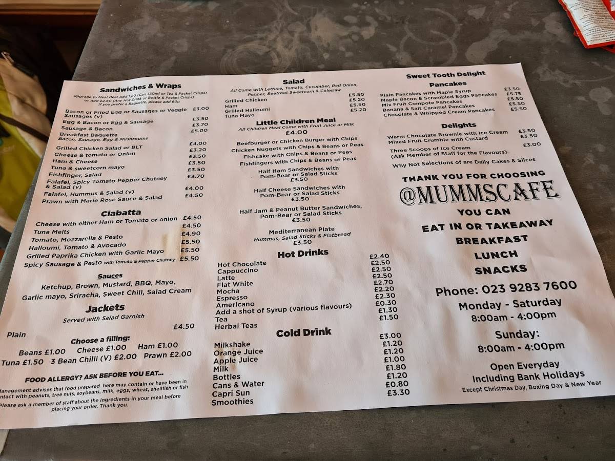 Menu at Mumms Cafe, Portsmouth, 2