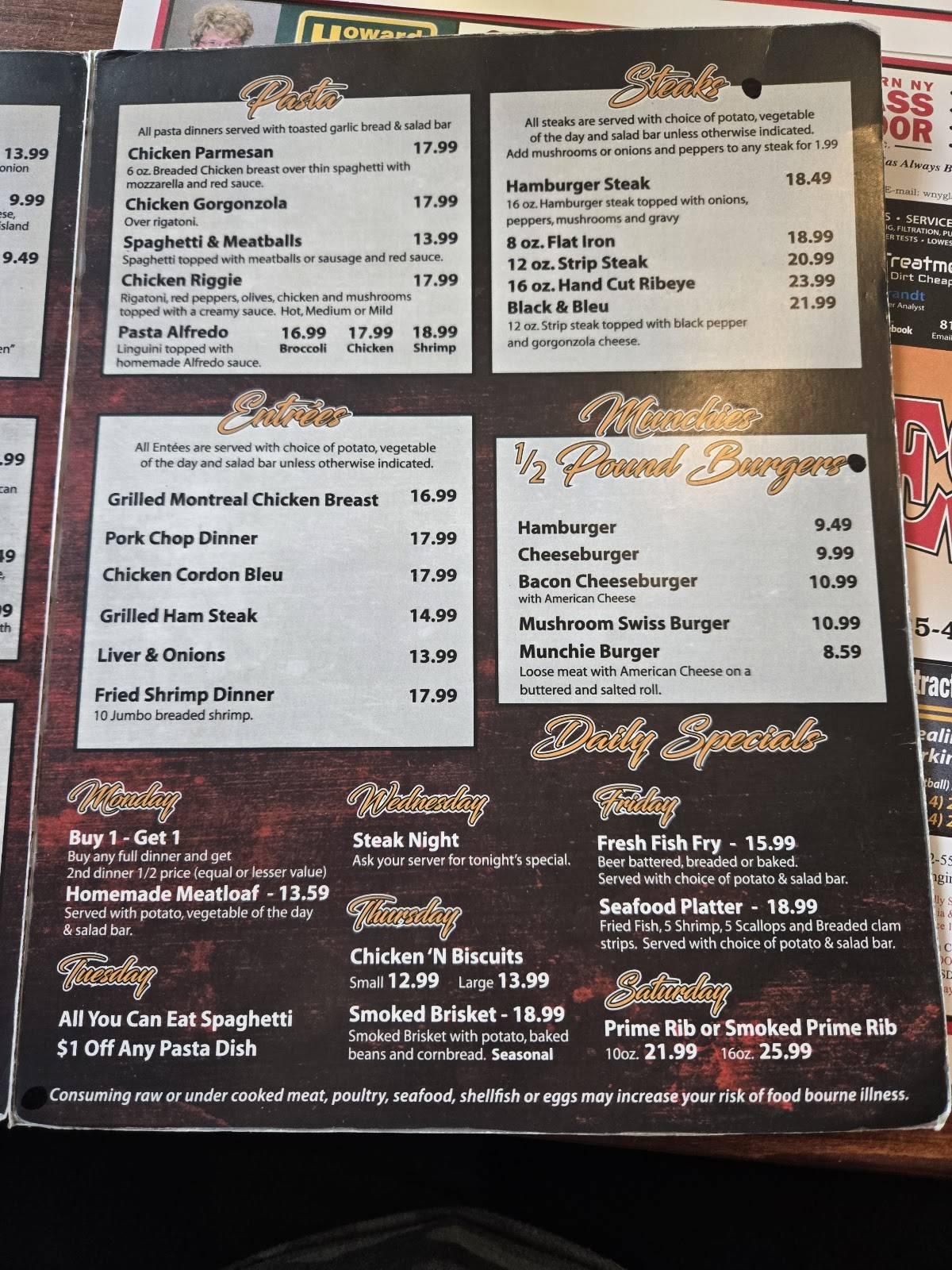 Menu at Munchies Dining restaurant, Eldred