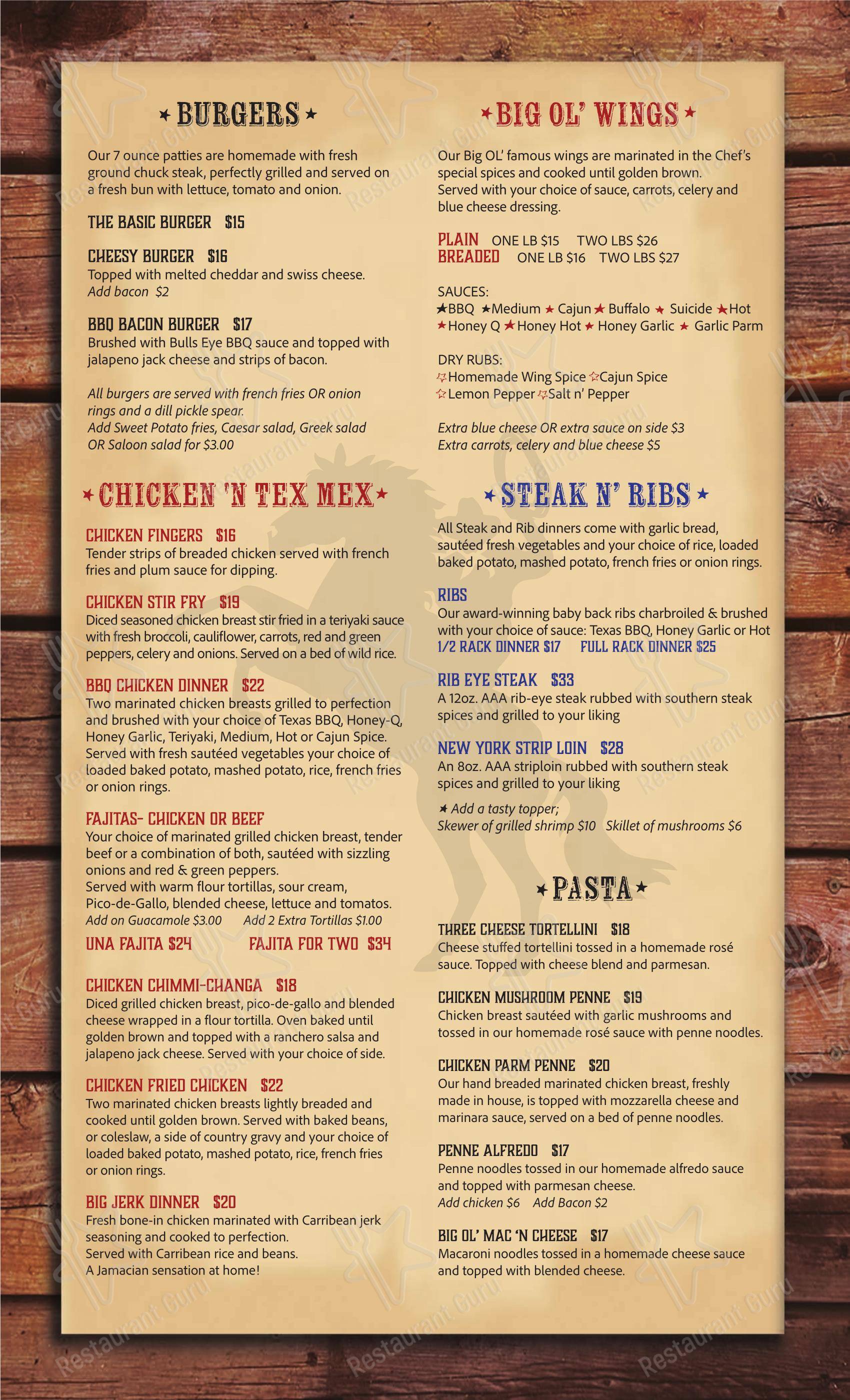 Menu at Mustang's Big Ol' Grill pub & bar, Hamilton