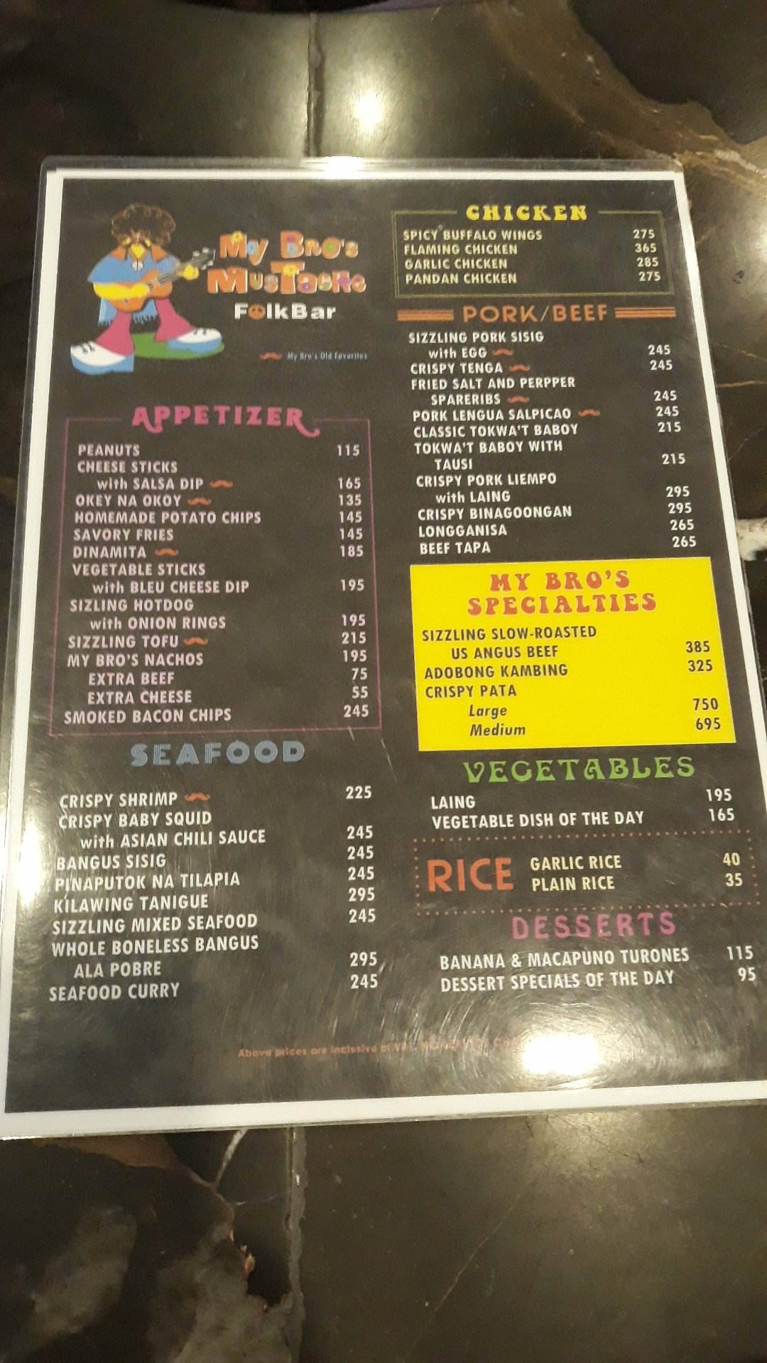 Menu at My Bro's Mustache Folk Bar, Quezon City