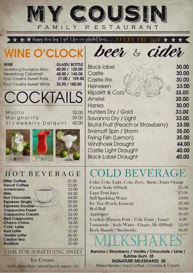 Speisekarte von My Cousin Restaurant, Pretoria