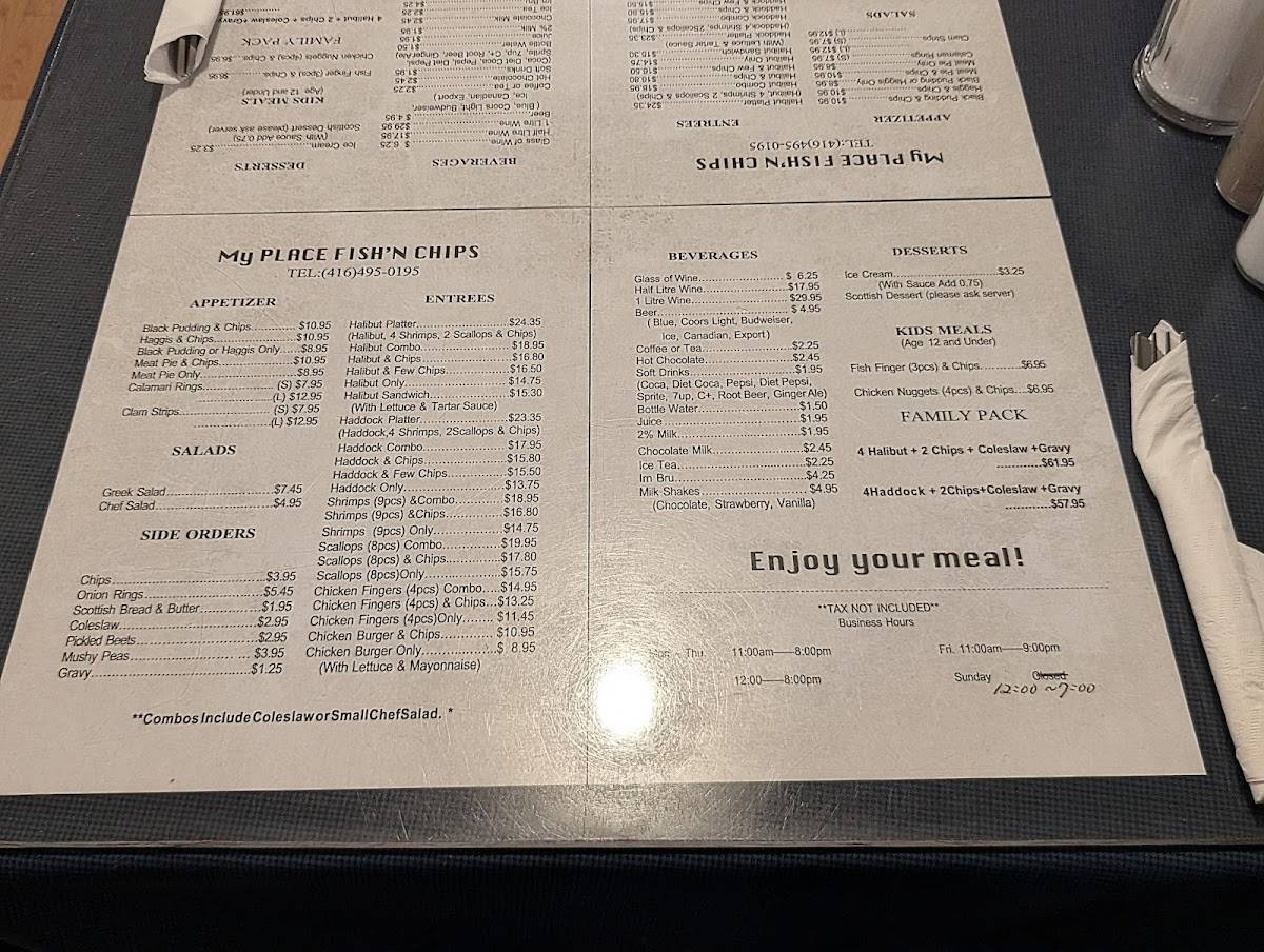 Menu at My Place Fish & Chips restaurant, Toronto