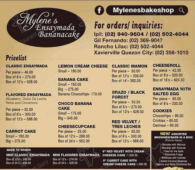 Menu at Mylene's Ensaymada Bananacake, Quezon City, Xavierville Ave