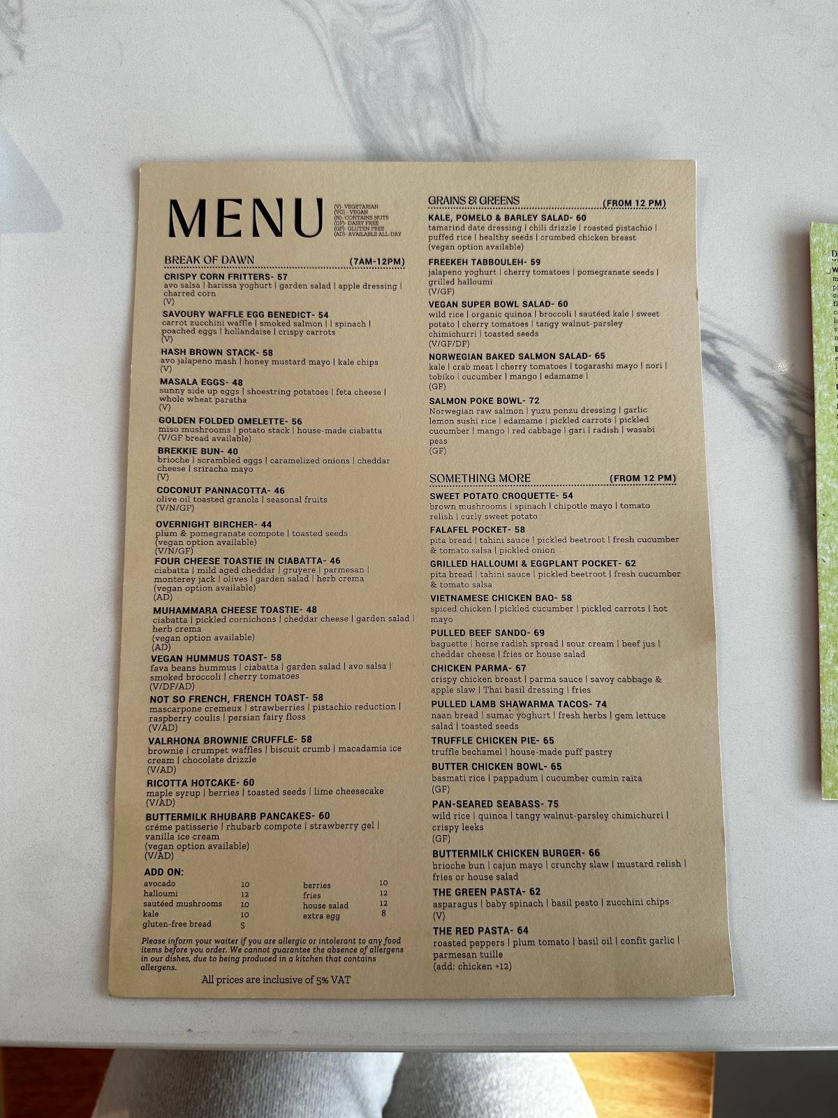 Menu at Mysk restaurant, Abu Dhabi