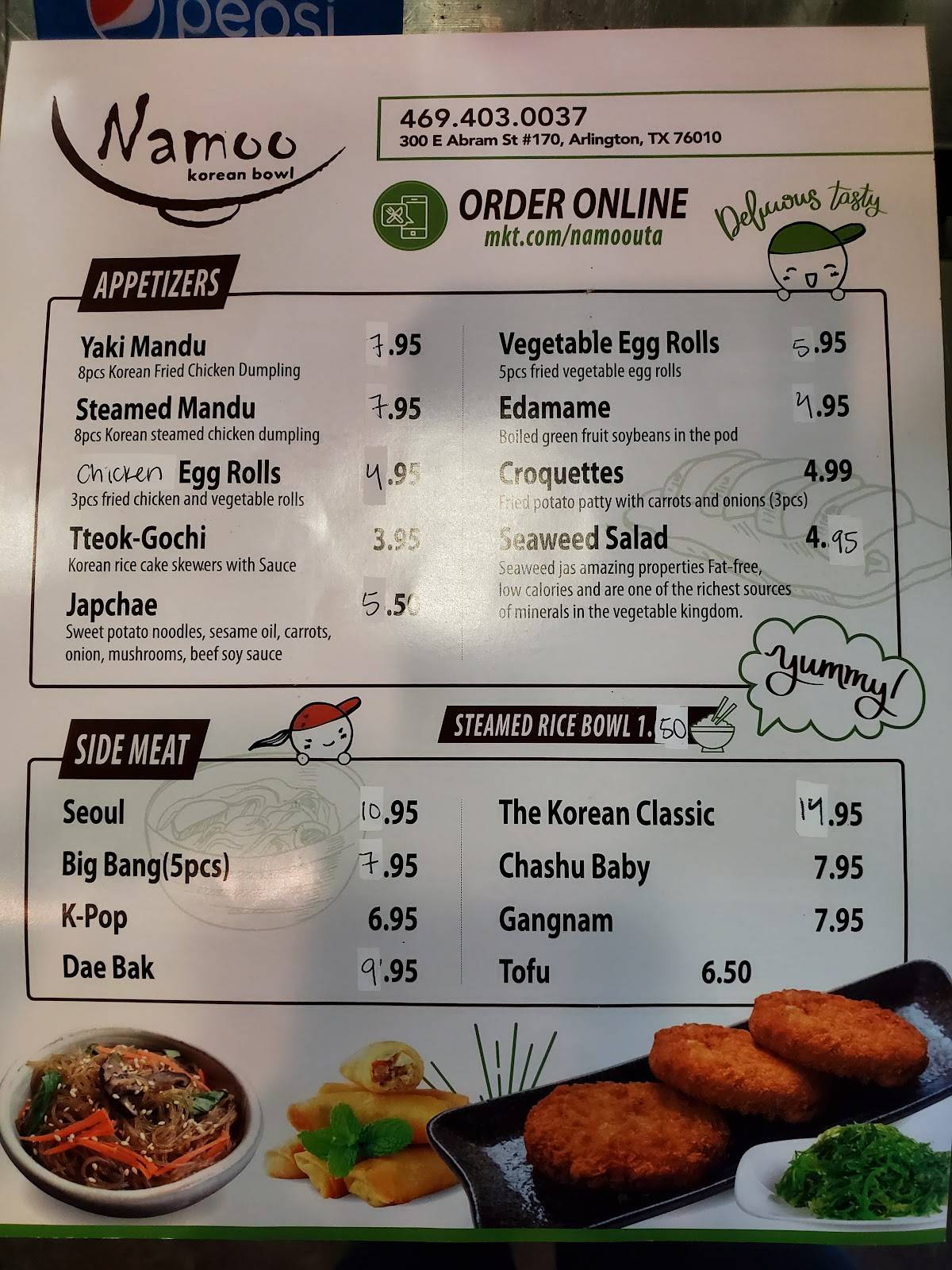 Menu at NAMOO Koreanbowl restaurant, Arlington