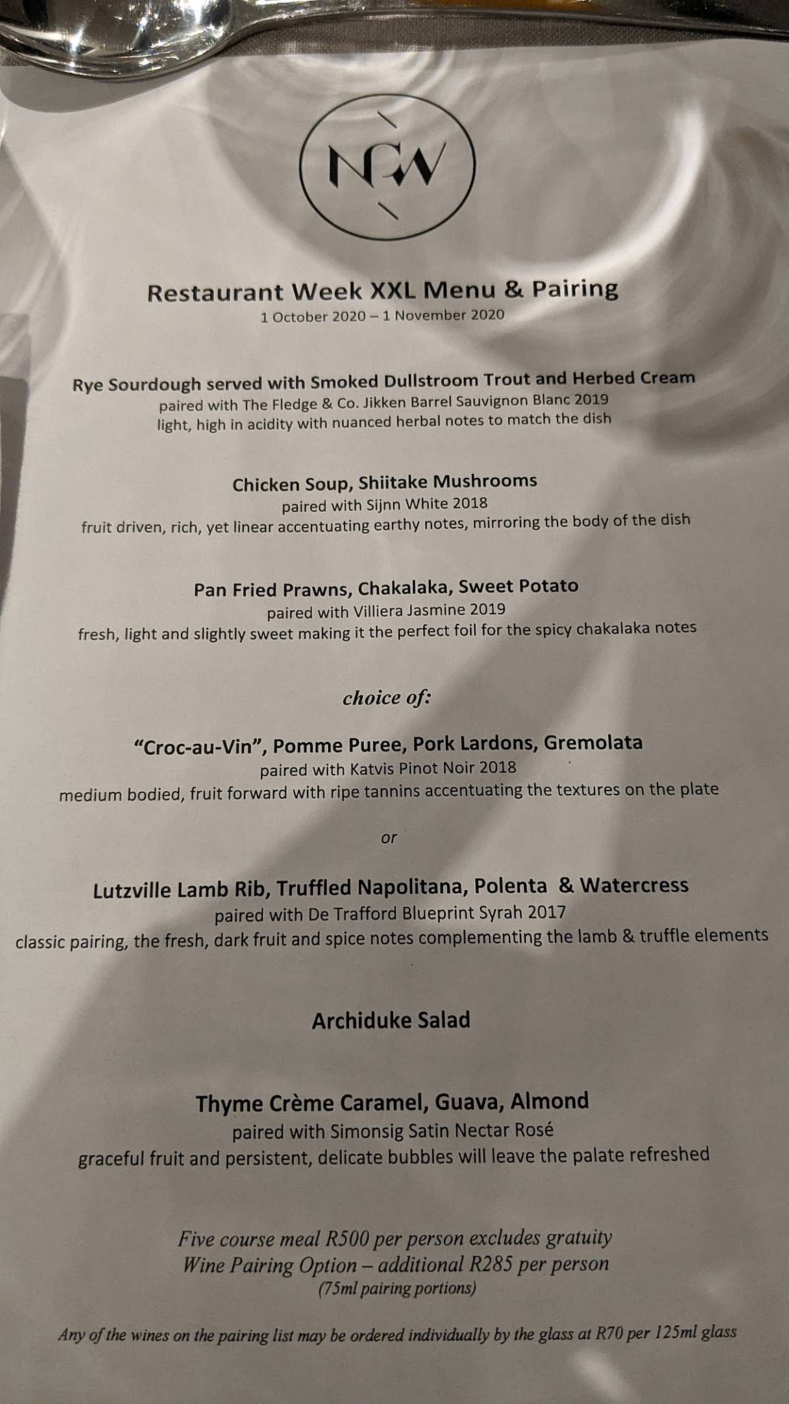 Menu at NCW Restaurant, Johannesburg
