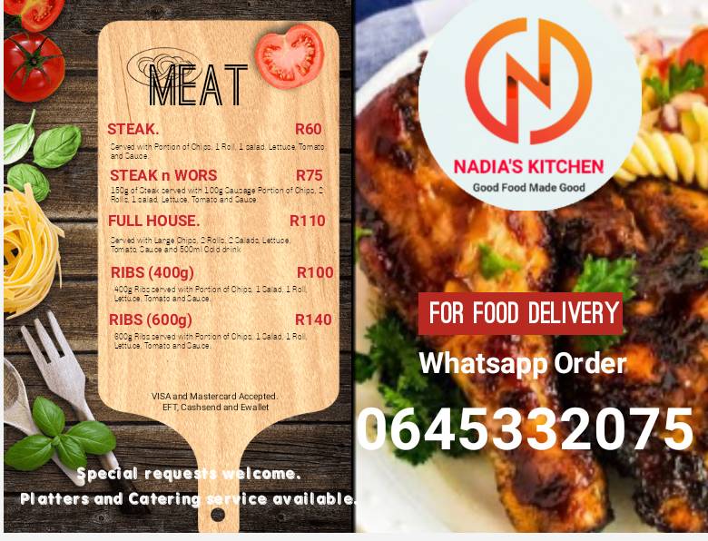 Menu at Nadia's Kitchen restaurant, Cape Town, Naspers Centre