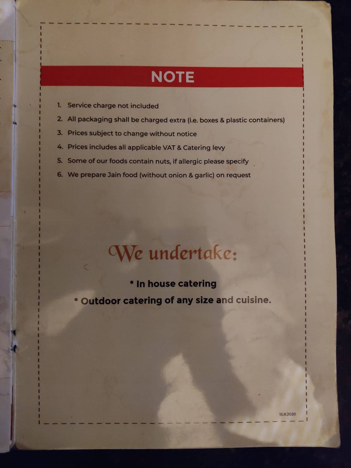 Menu at Ashiana restaurant, Nairobi