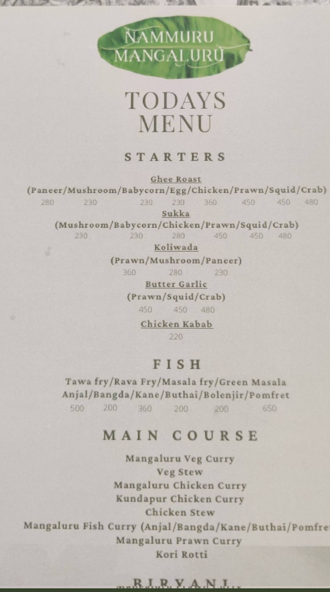 Menu at Nammuru Mangaluru, Bengaluru
