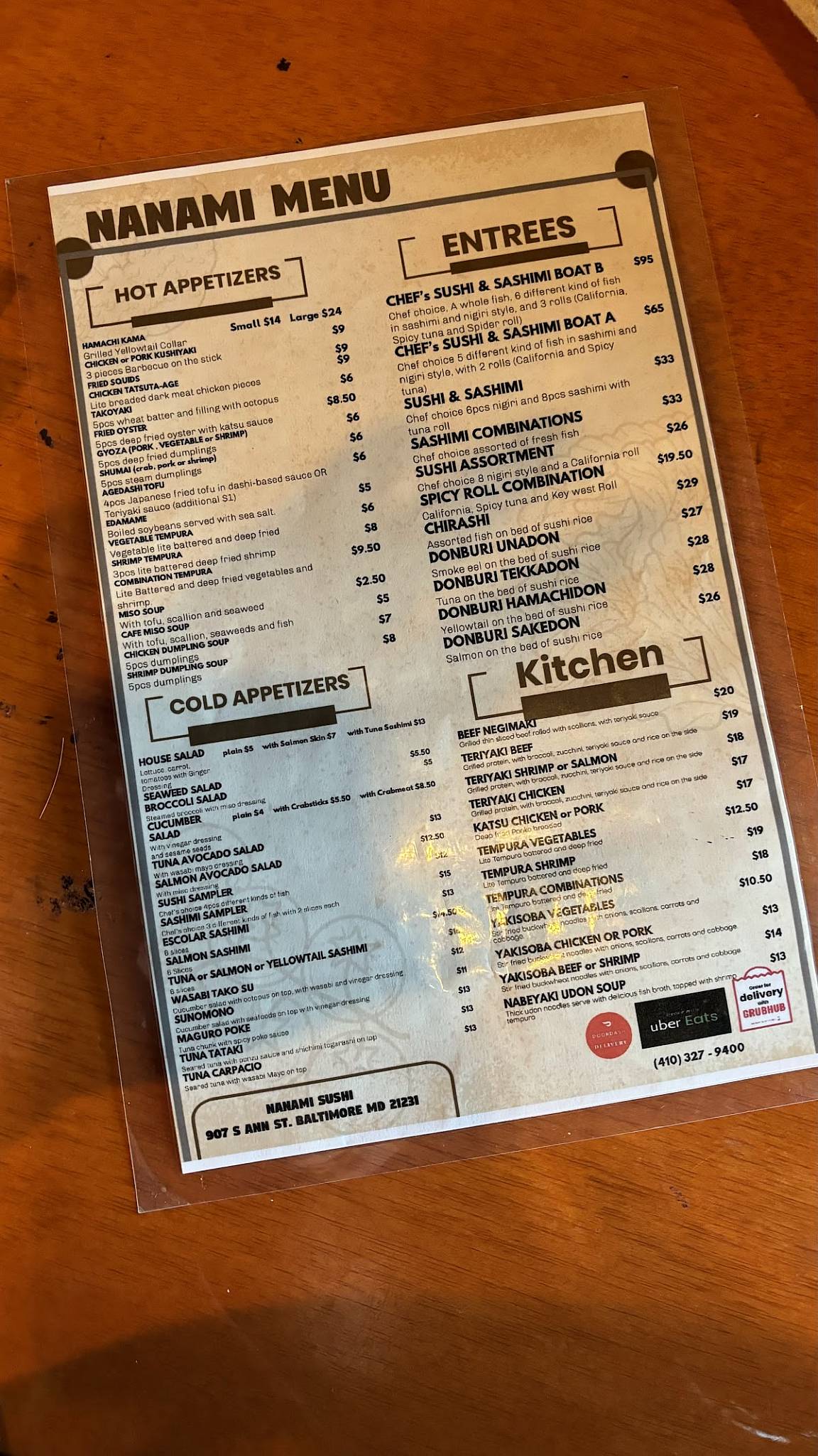 Menu at Nanami Cafe, Baltimore, 907 S Ann St