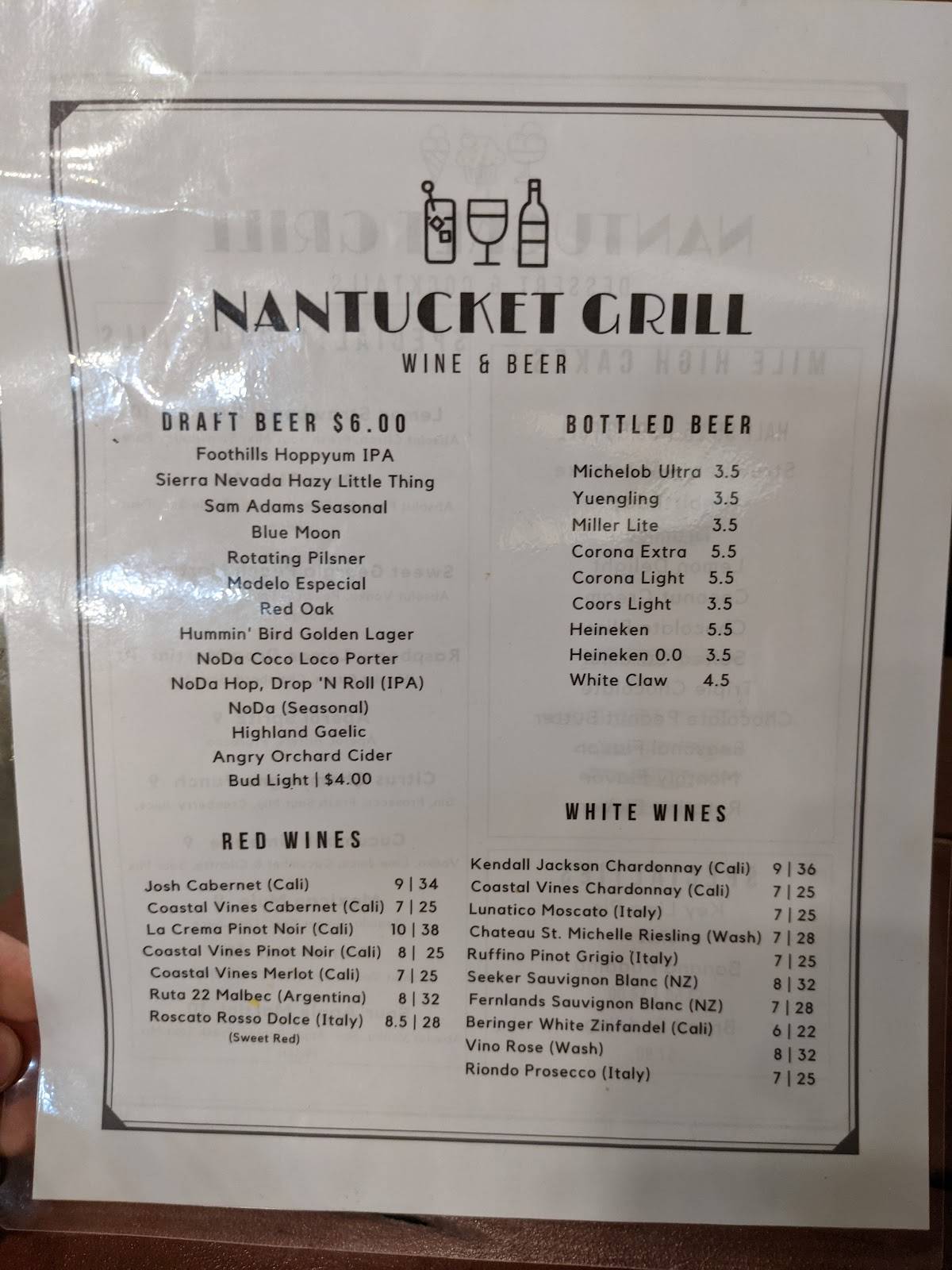 Menu at Nantucket Grill restaurant, Chapel Hill, Farrington Rd