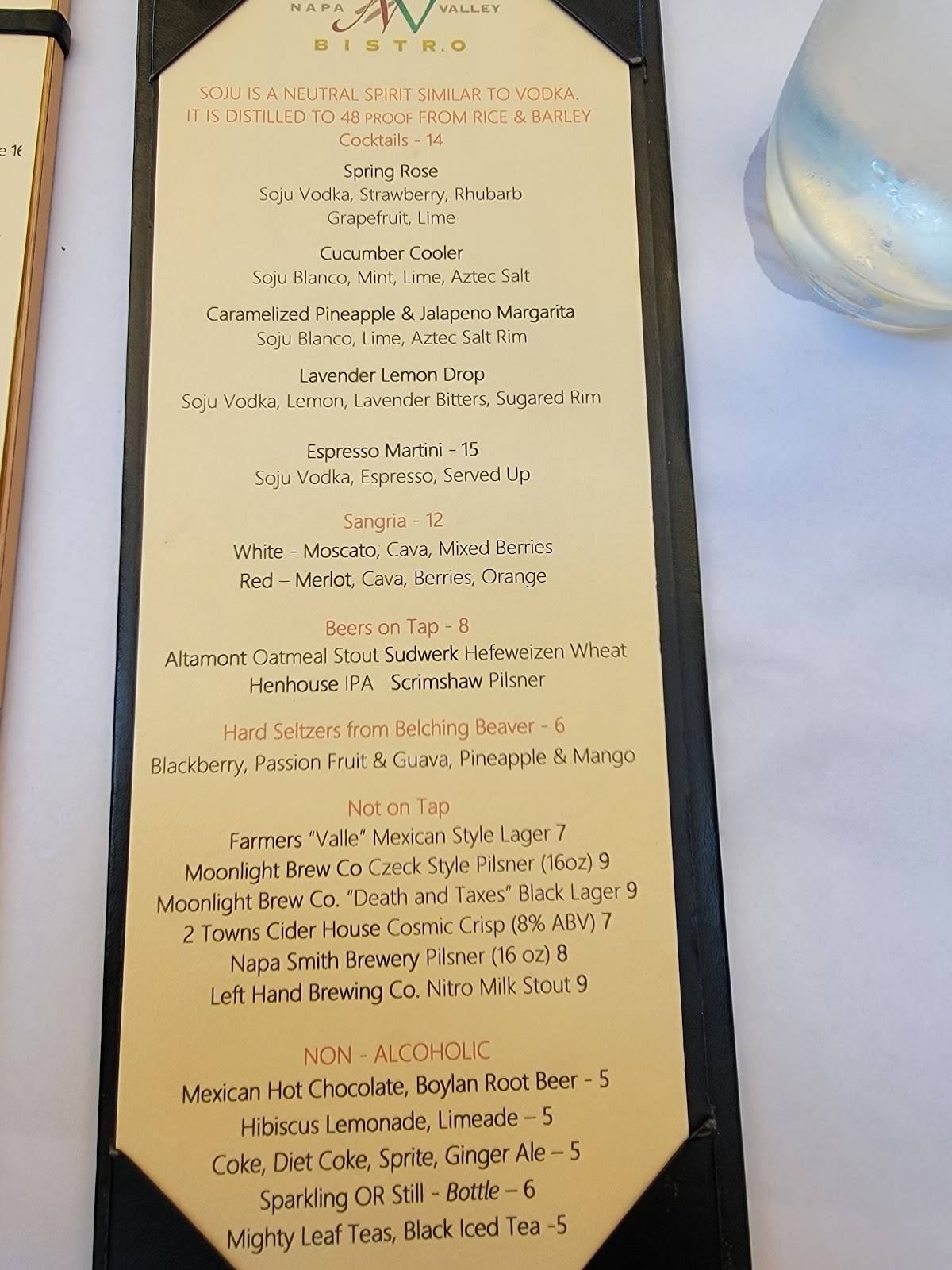 Menu at Napa Valley Bistro pub & bar, Napa
