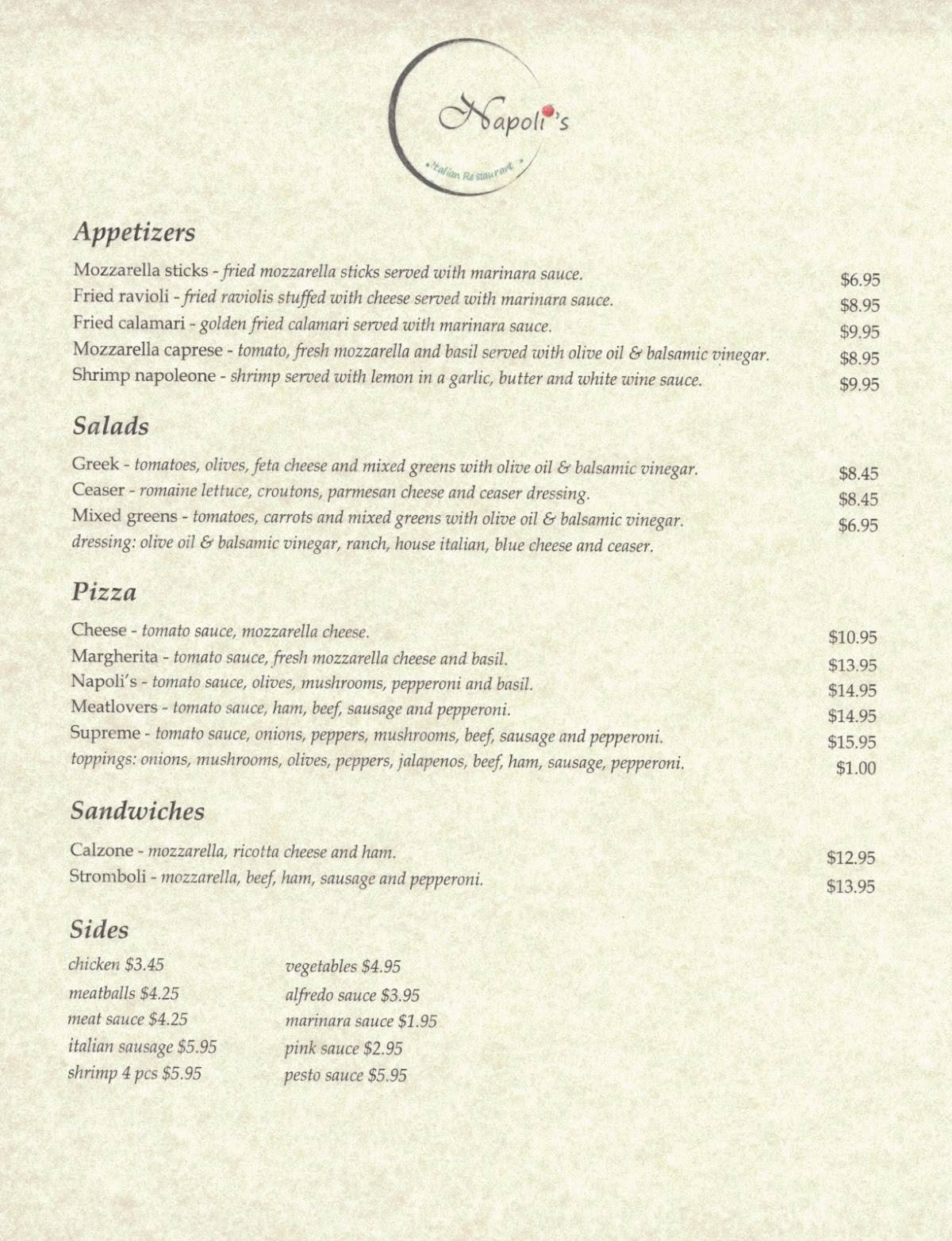 Menu at Napoli's pizzeria, Cheyenne