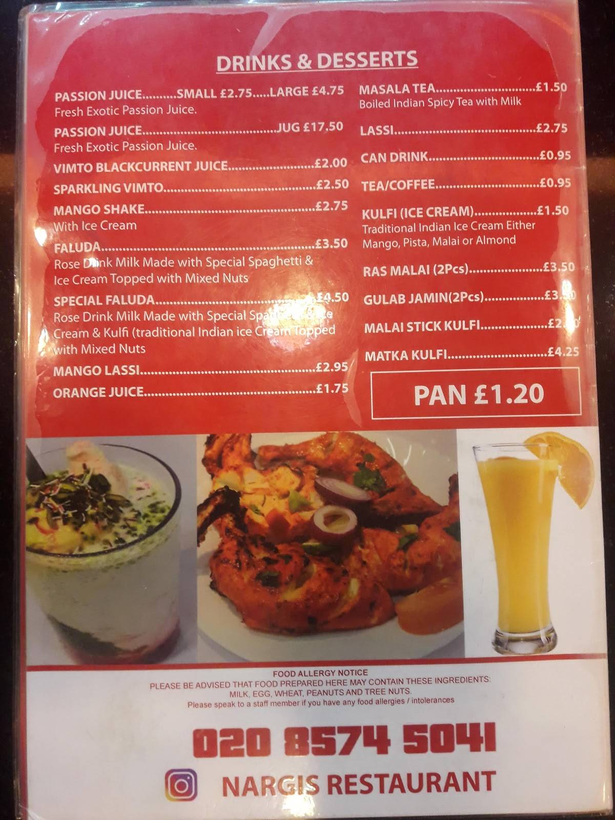 Menu at Nargis Kenyan Restaurant, London