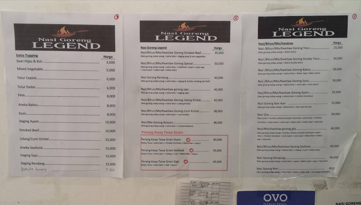 Menu at Nasi Goreng Legend restaurant, West Jakarta
