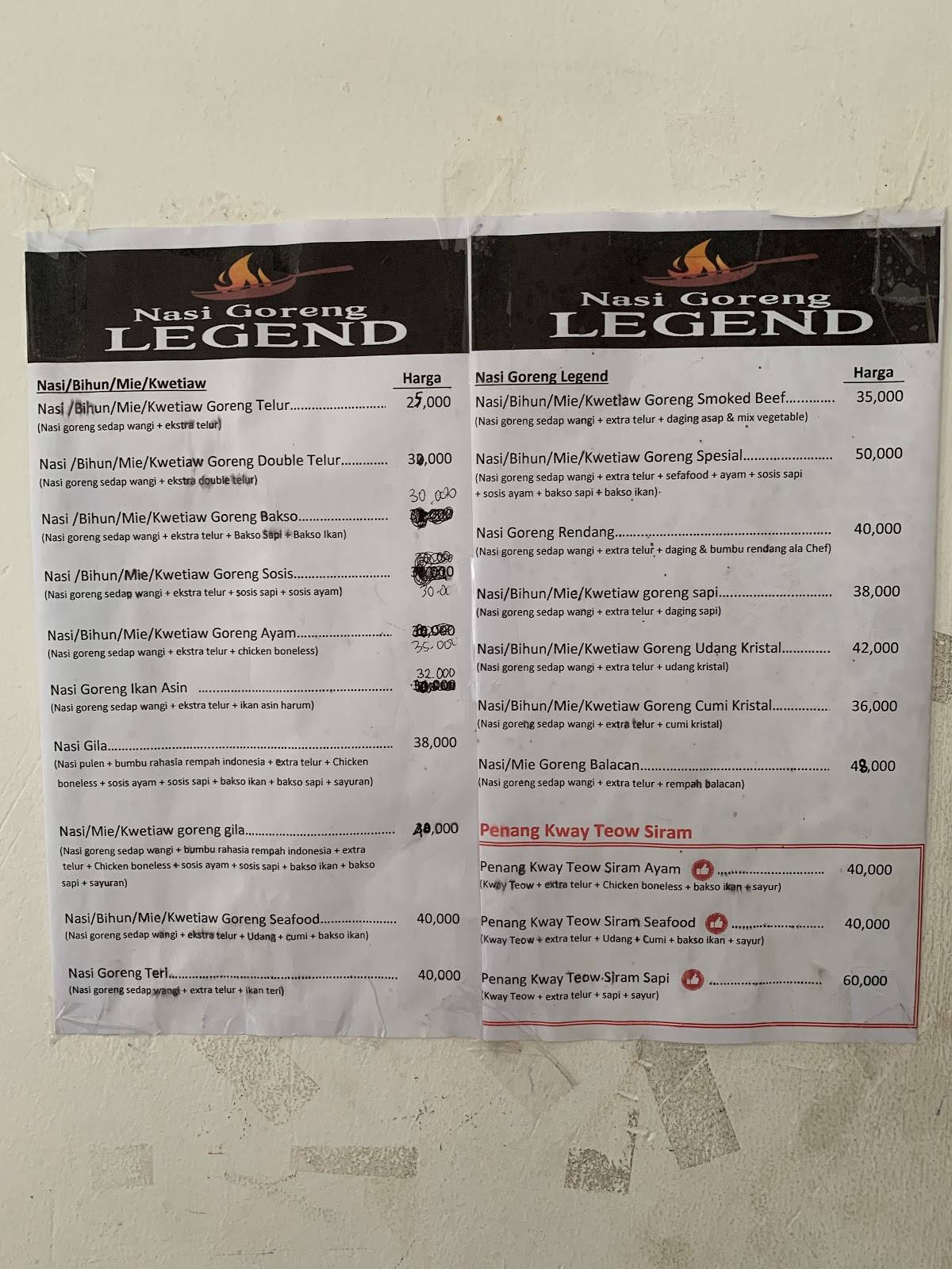 Menu at Nasi Goreng Legend restaurant, West Jakarta