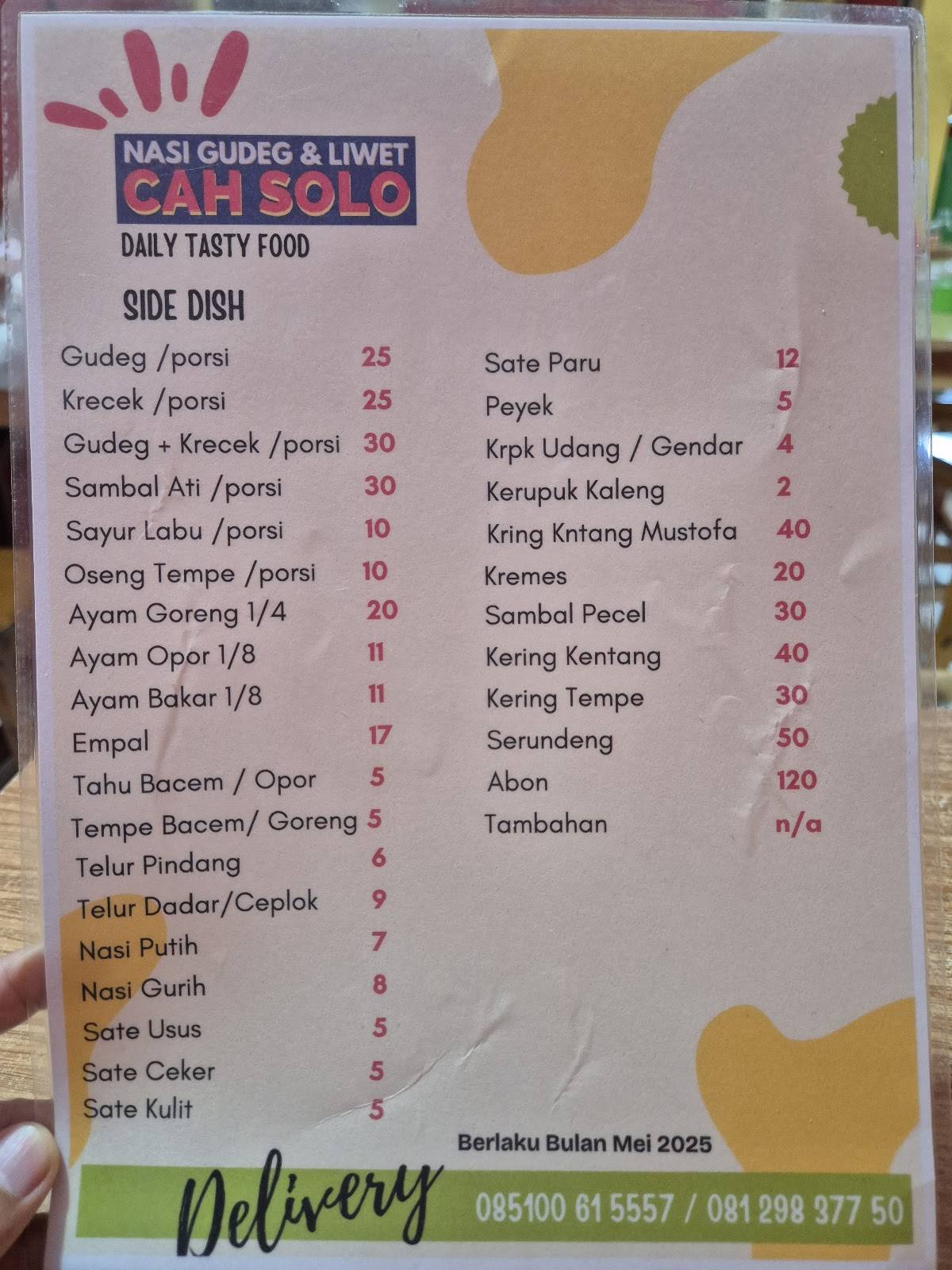 Carta del restaurante Nasi Gudeg & Liwet Cah Solo, Tangerang del Sur ...