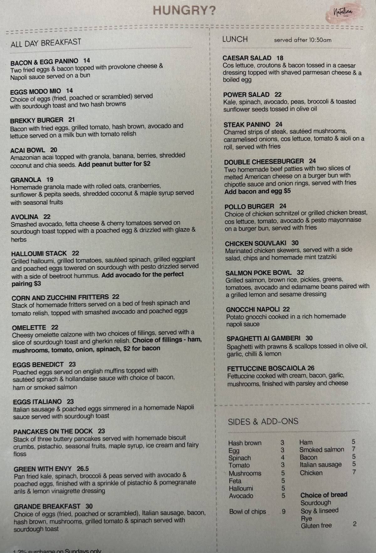 Menu at Natalina cafe, Five Dock