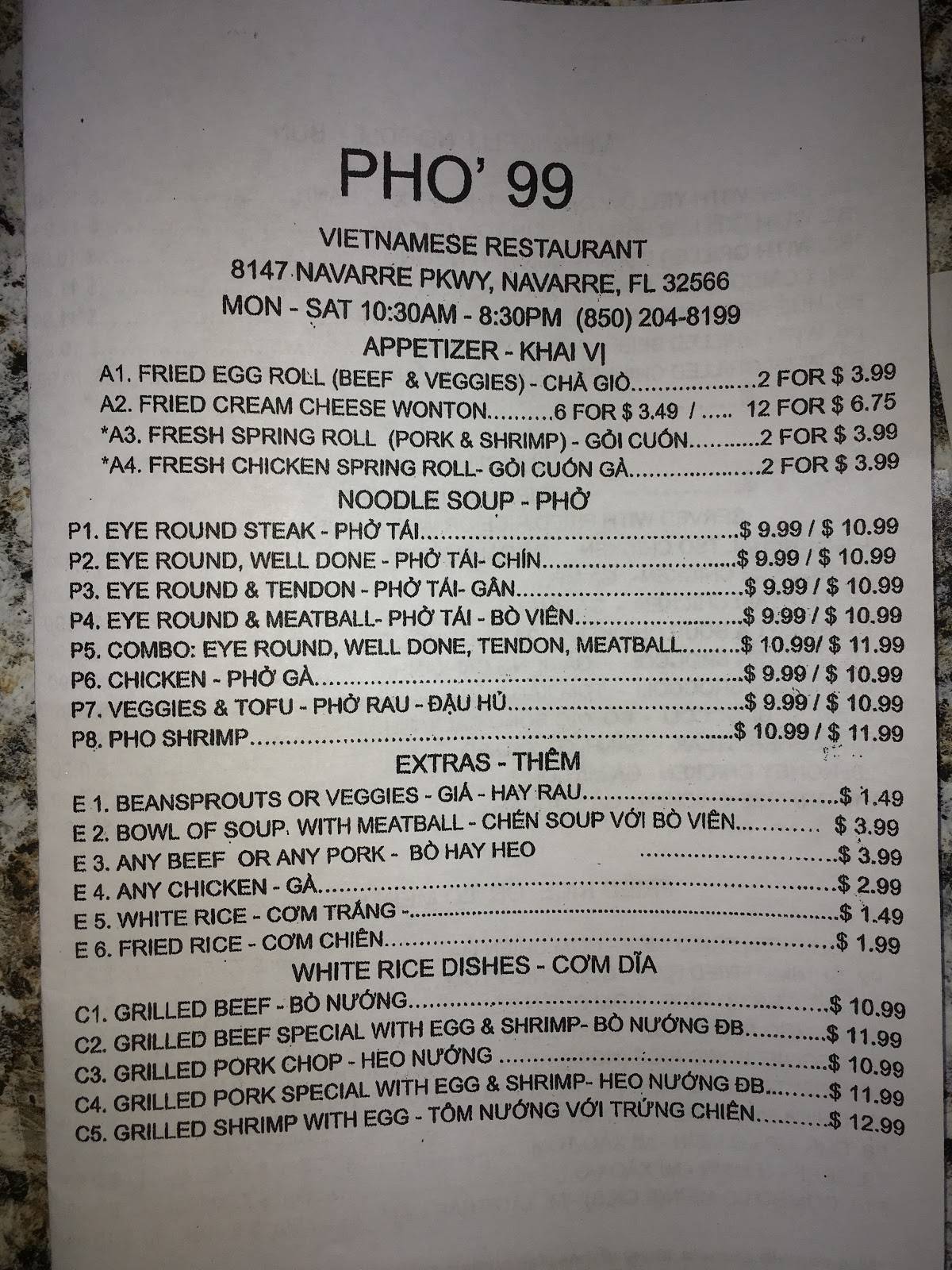 Menu at Phở 99 Vietnamese Restaurant, Navarre, Navarre Pkwy