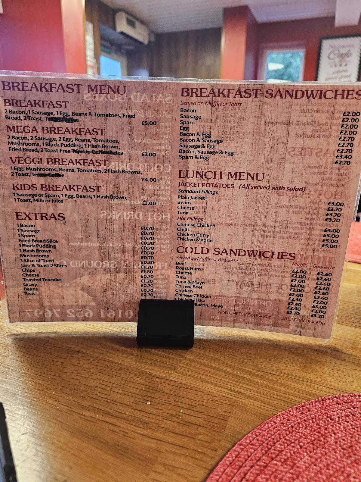Menu at Nelsons Cafe, Oldham