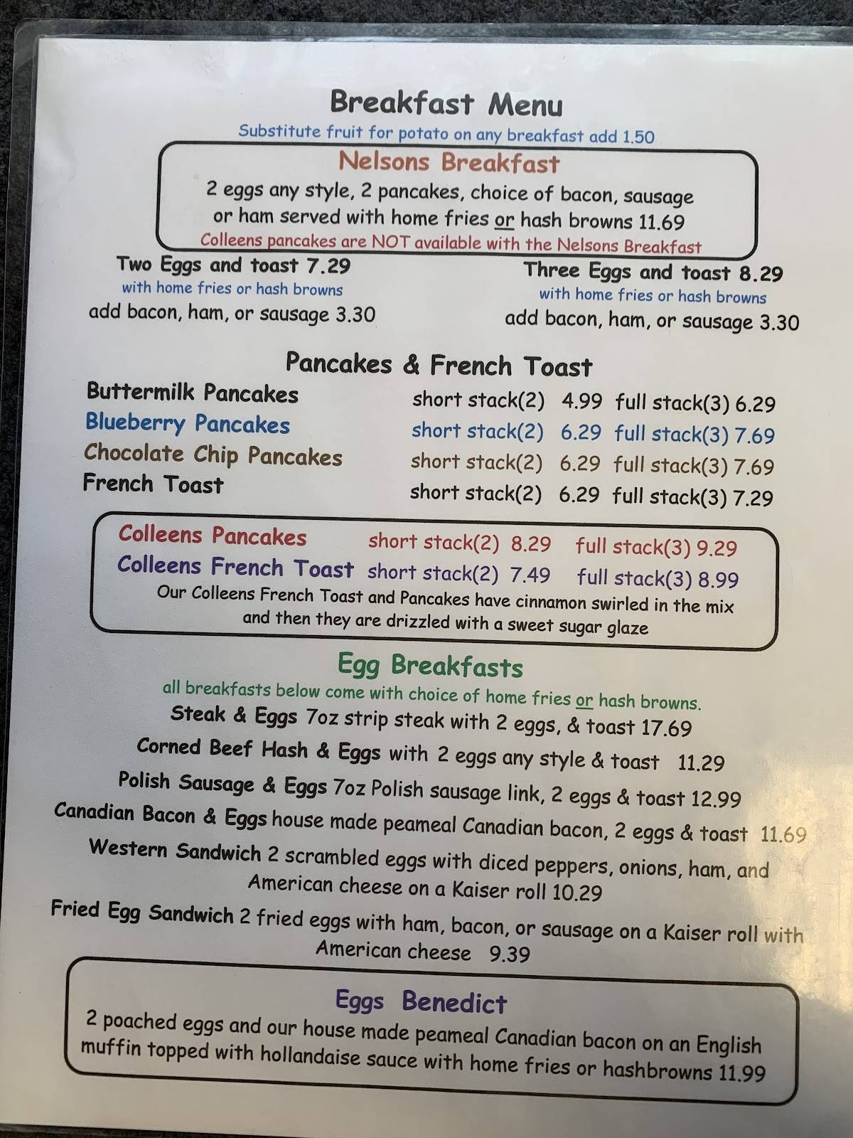 Menu at Nelsons Cafe, Niagara Falls